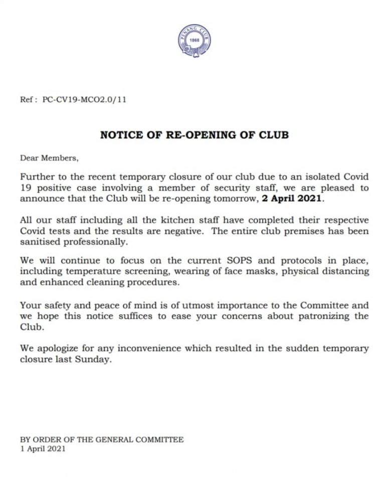 NOTICE OF RE-OPENING OF CLUB – Penang Club Website