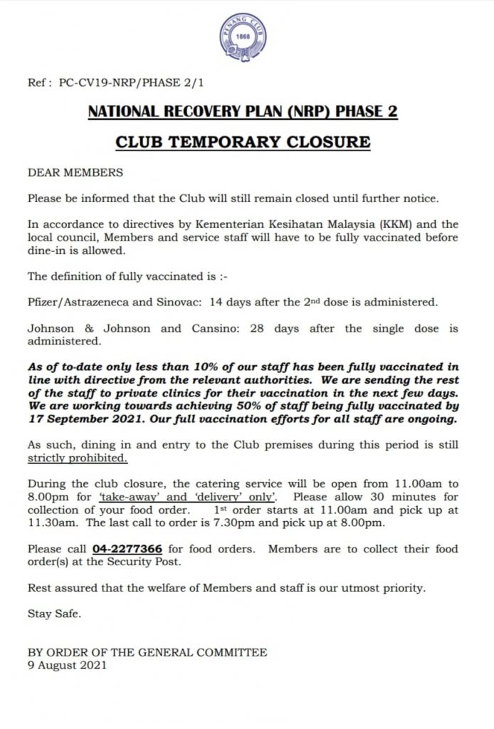 NATIONAL RECOVERY PLAN (NRP) PHASE 2 CLUB TEMPORARY CLOSURE – Penang ...